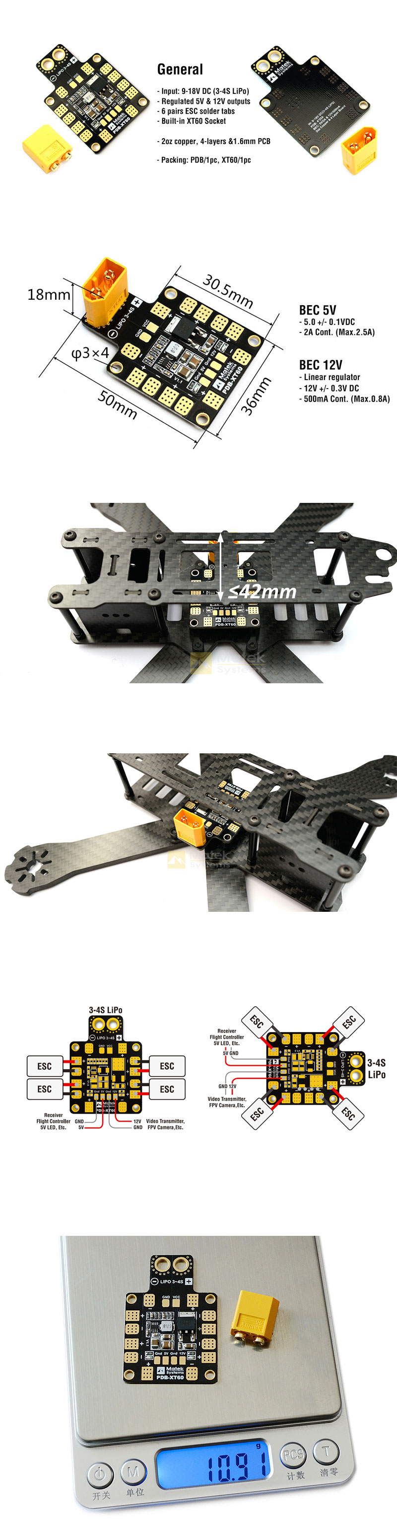 Matek Systems PDB-XT60 W/ BEC 5V & 12V 2oz Copper for RC Multirotors